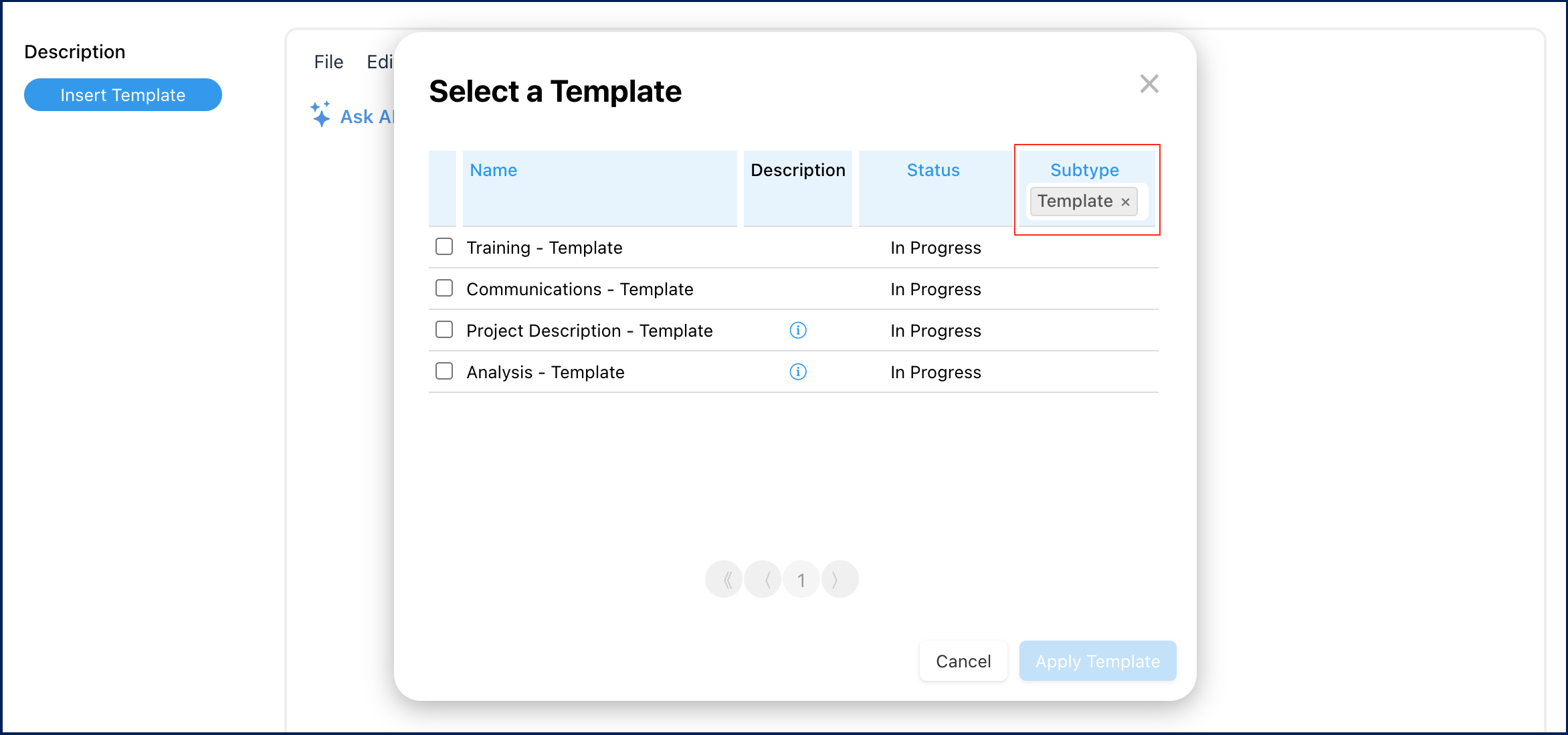 Improved Filtering in Insert Template Feature - EPC - WebApp Manual - 15.1