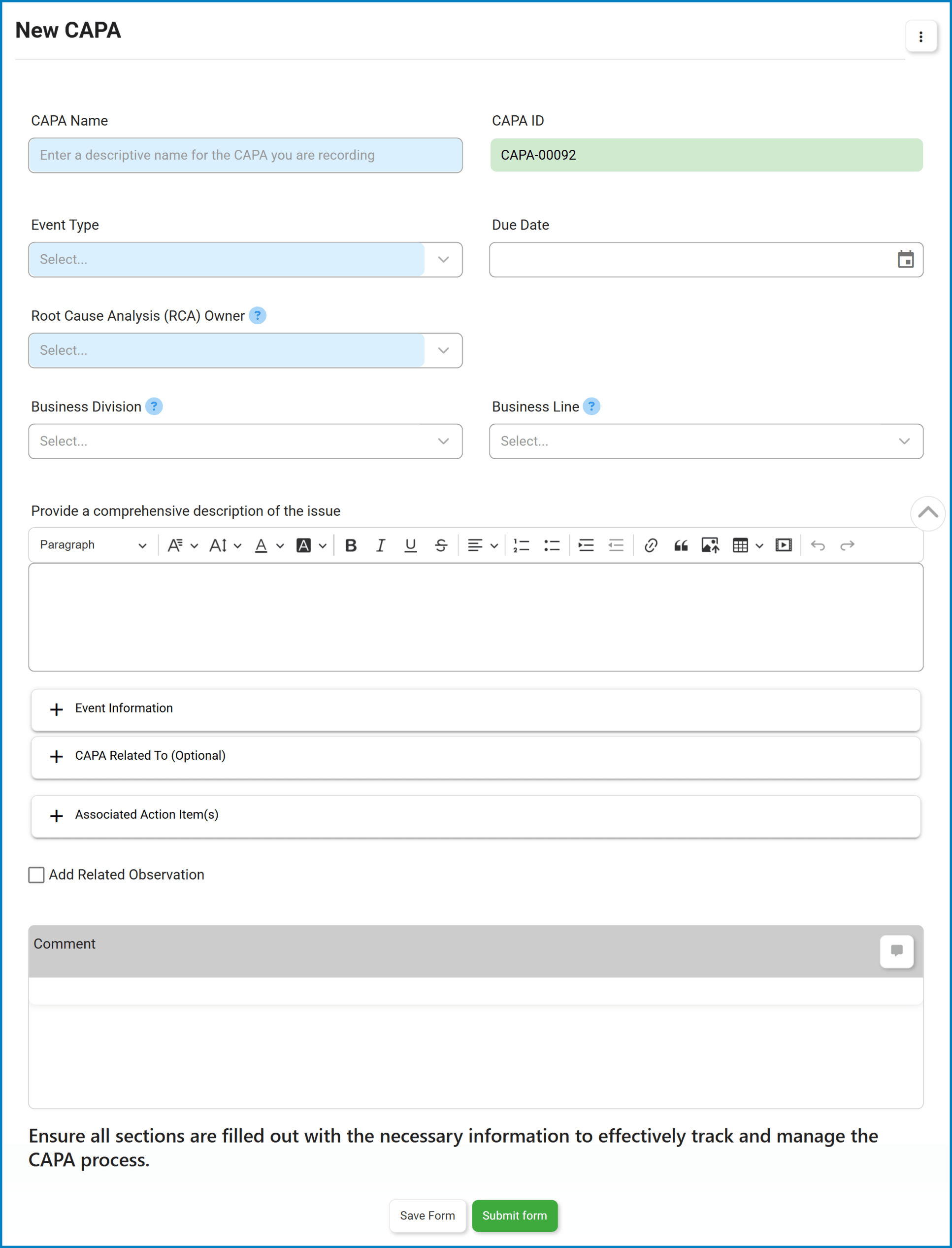 Create New CAPA - UDC Documentation - CAPA