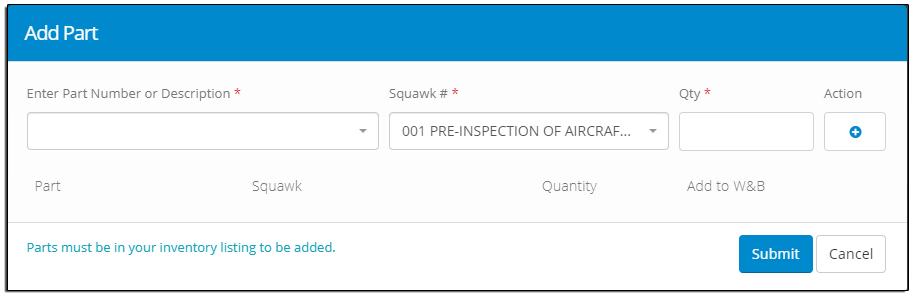 Add Parts to a Job - Aircraft Maintenance & Inventory System - Current