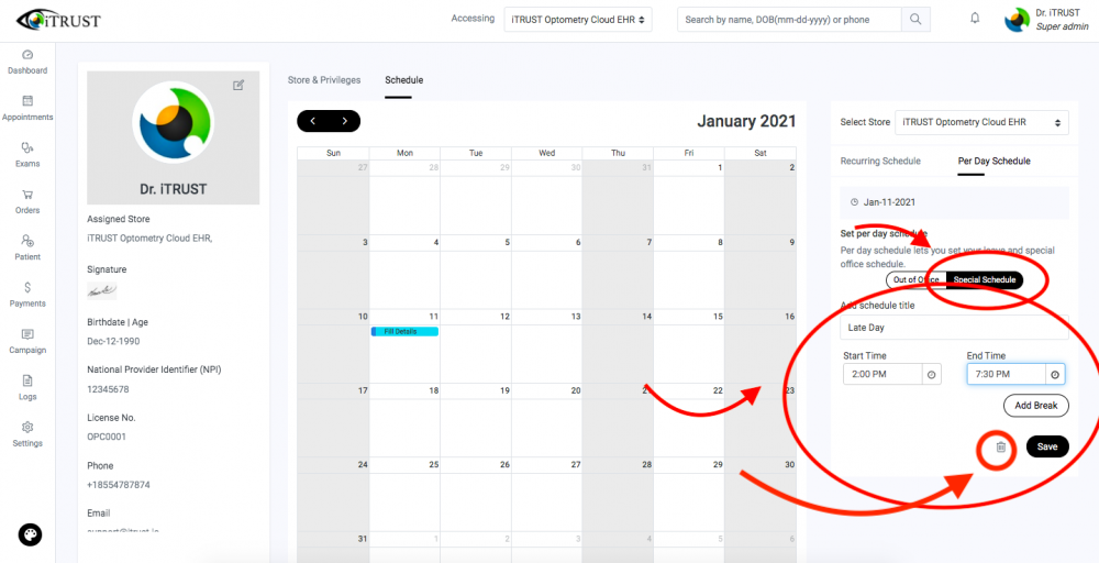 Set doctor special schedule - iTRUST Optometry Cloud EHR - 2