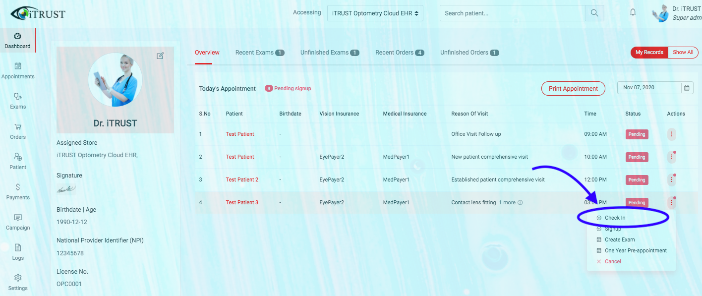 Patient Check In - iTRUST Optometry Cloud EHR - 2
