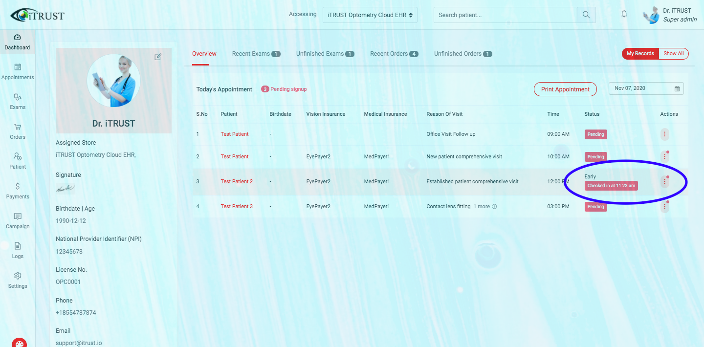 Patient Check In - iTRUST Optometry Cloud EHR - 2