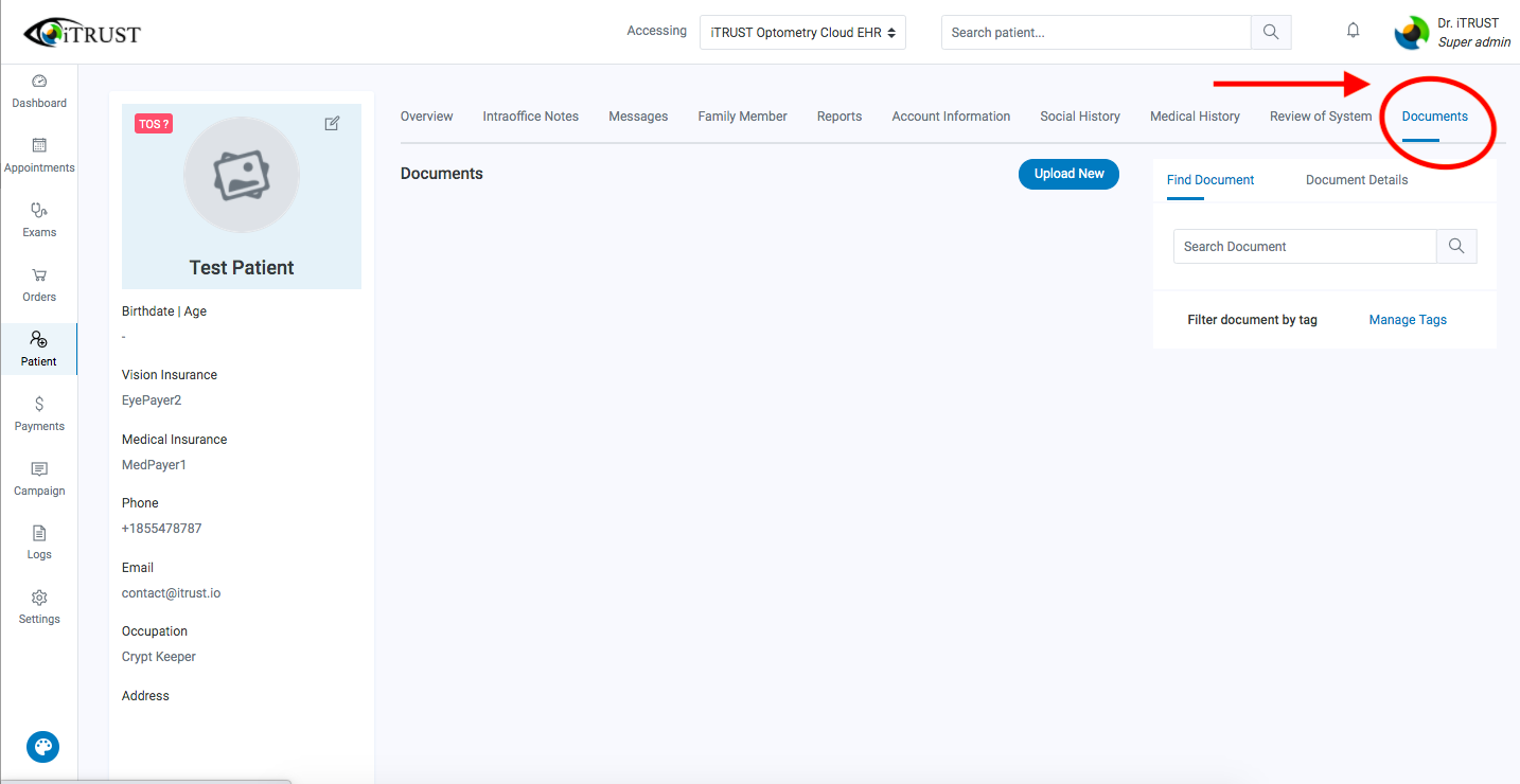 Patient Profile upload / manage paper documents - iTRUST Optometry Cloud EHR - 2
