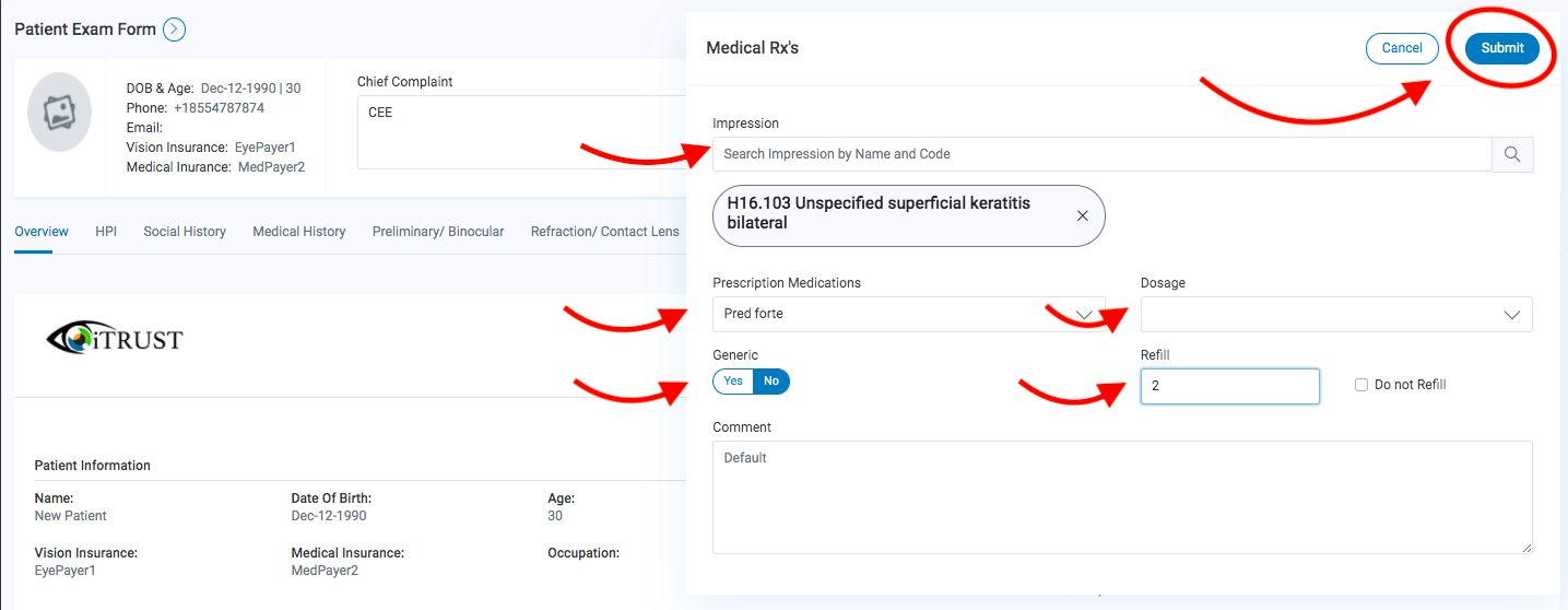 Generate and transmit Medical Rx (e-scribe) - iTRUST Optometry Cloud EHR - 2