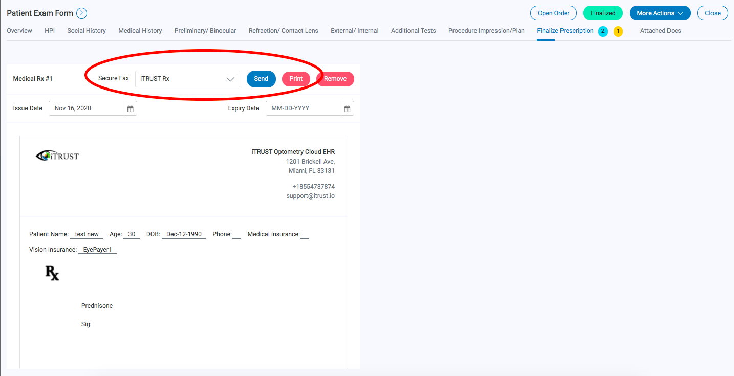 Generate and transmit Medical Rx (e-scribe) - iTRUST Optometry Cloud EHR - 2