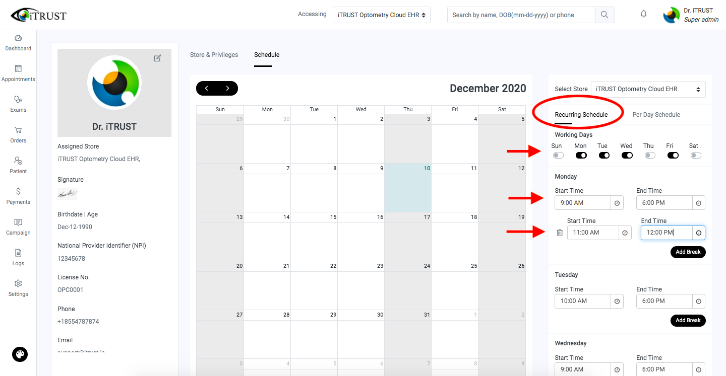 Set doctor reoccurring schedule - iTRUST Optometry Cloud EHR - 2