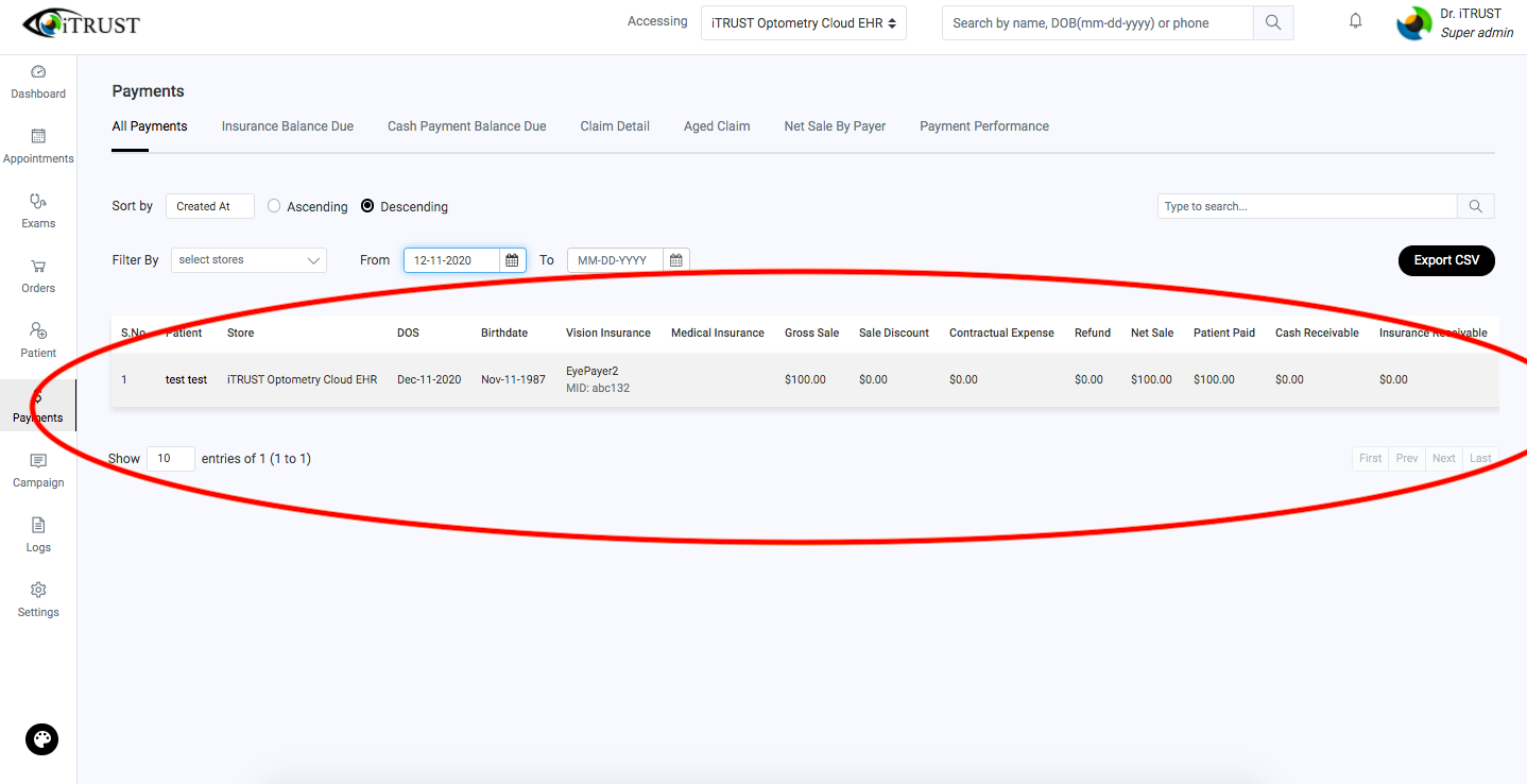 Run a day end payment report - iTRUST Optometry Cloud EHR - 2