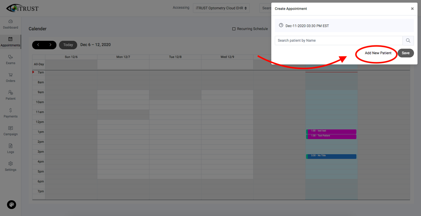 Schedule an appointment for a new patient - iTRUST Optometry Cloud EHR - 2