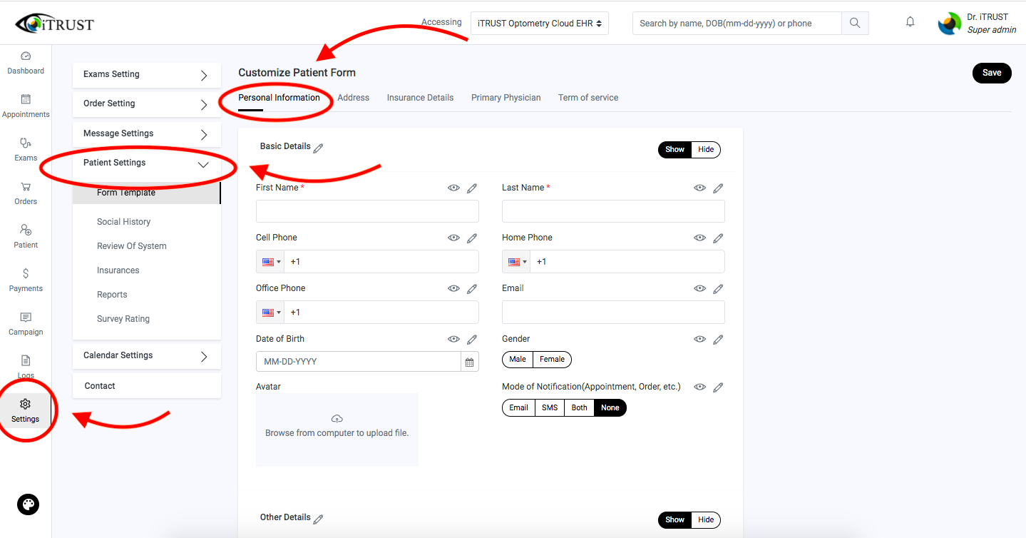 Customize patient intake form - iTRUST - iTRUST