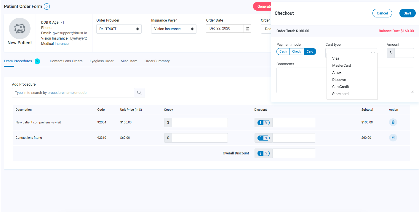 Selecting payment type for order - iTRUST Optometry Cloud EHR - 2