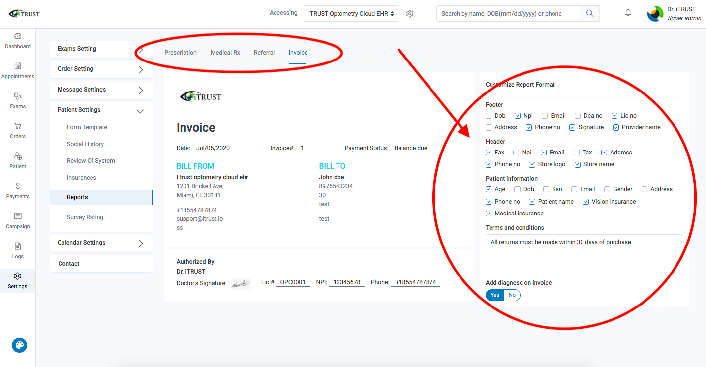 Customize header, footer data, and patient information for reports - iTRUST Optometry Cloud EHR - 2