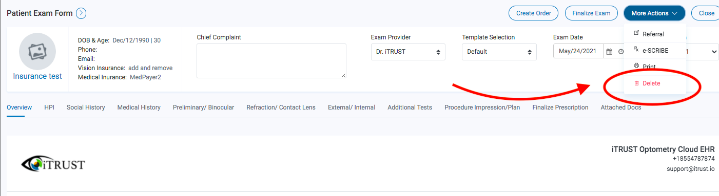 Delete unwanted exam - iTRUST Optometry Cloud EHR - 2