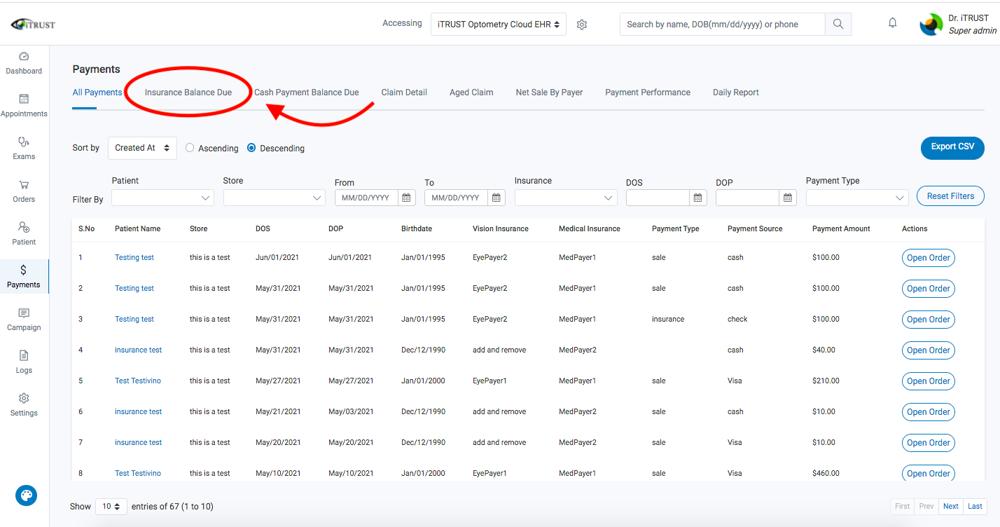 Posting Multiple Insurance Payments - iTRUST Optometry Cloud EHR - 2