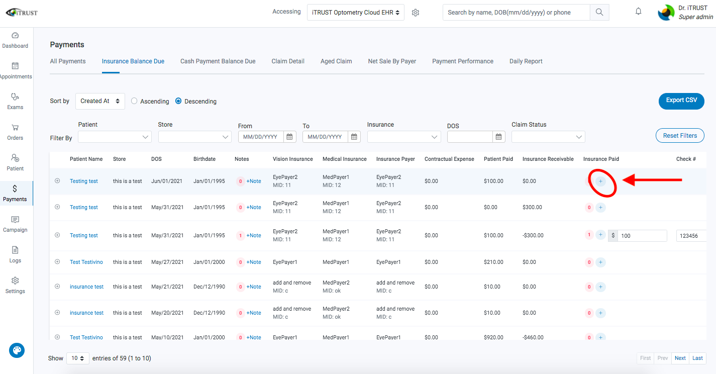 Posting Multiple Insurance Payments - iTRUST Optometry Cloud EHR - 2
