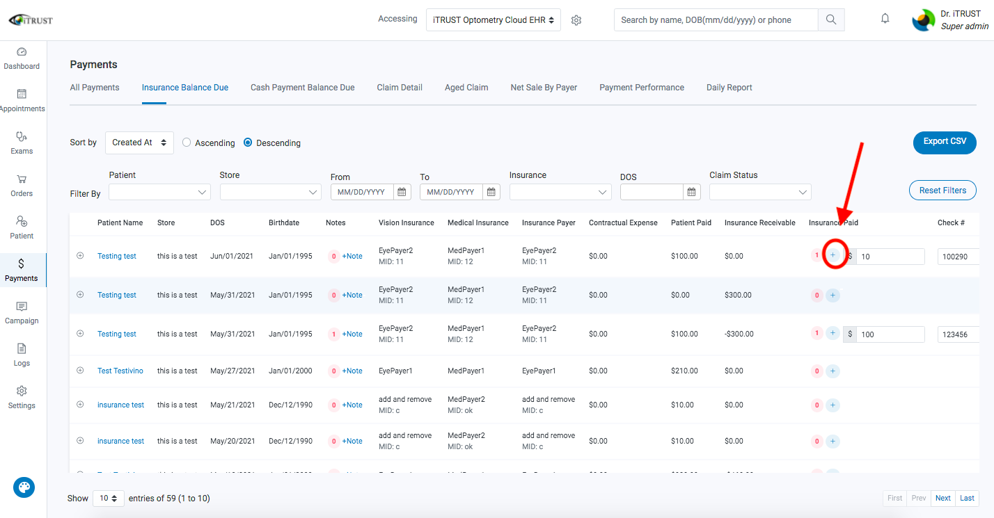 Posting Multiple Insurance Payments - iTRUST Optometry Cloud EHR - 2