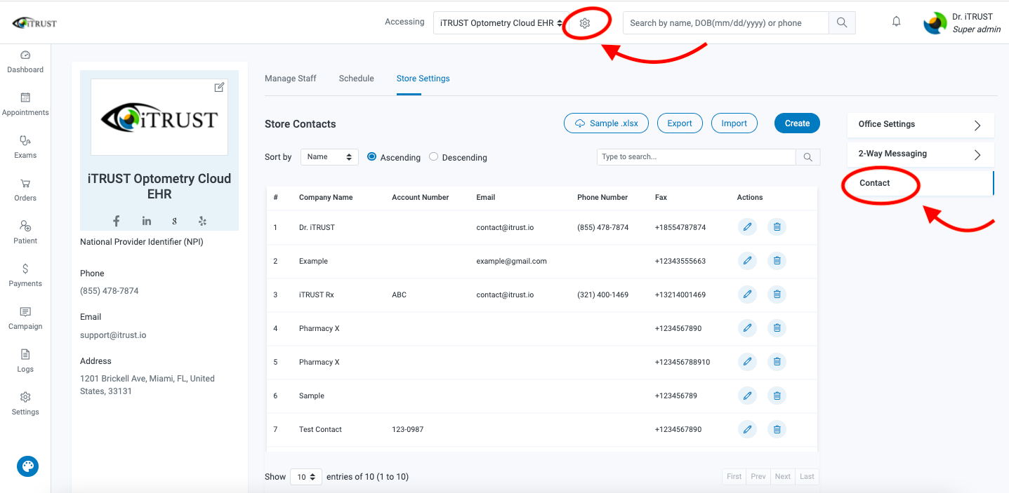 Add and manage contacts to securely transmitted lab orders - iTRUST Optometry Cloud EHR - 2