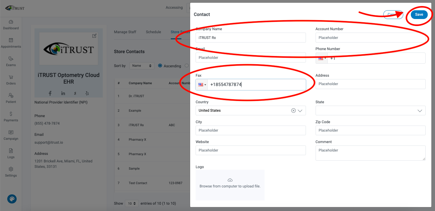 Add and manage contacts to securely transmitted lab orders - iTRUST Optometry Cloud EHR - 2