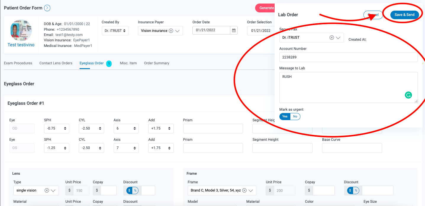How to create and send a eyeglasses lab order - iTRUST Optometry Cloud EHR - 2
